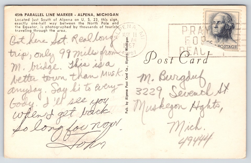 Alpena Michigan~Highway Sign~45th Parallel Line Marker~Roadside US 23 ...