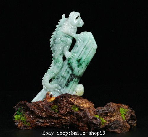 7.8" Natural Emerald ice Jadeite Jade Carved lizard Chameleon Animal ...