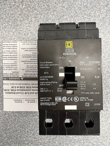 SQUARE D EDB34125 - 125 AMP, 3 POLE, 277/480 VOLT CIRCUIT BREAKER - NEW ...