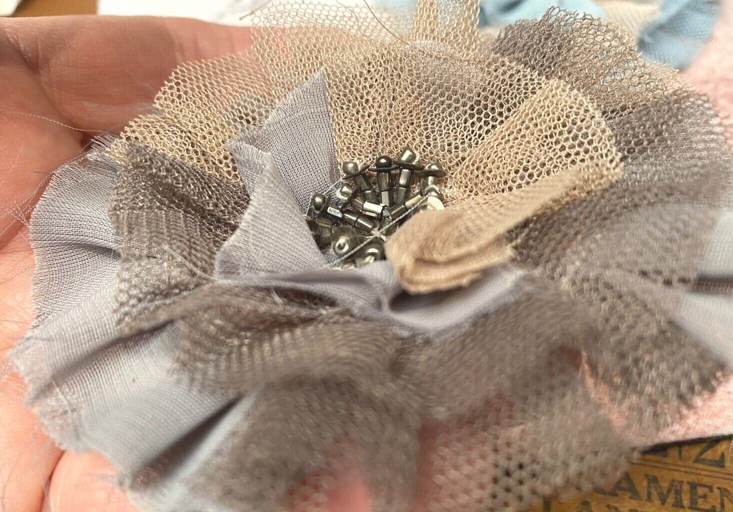 vintage applique boho flower layered netting beads hand sewn 3.5 ...