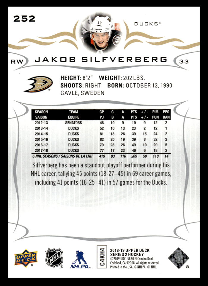 2018-19 Upper Deck Jakob Silfverberg #252 Anaheim Ducks NHL Hockey | eBay