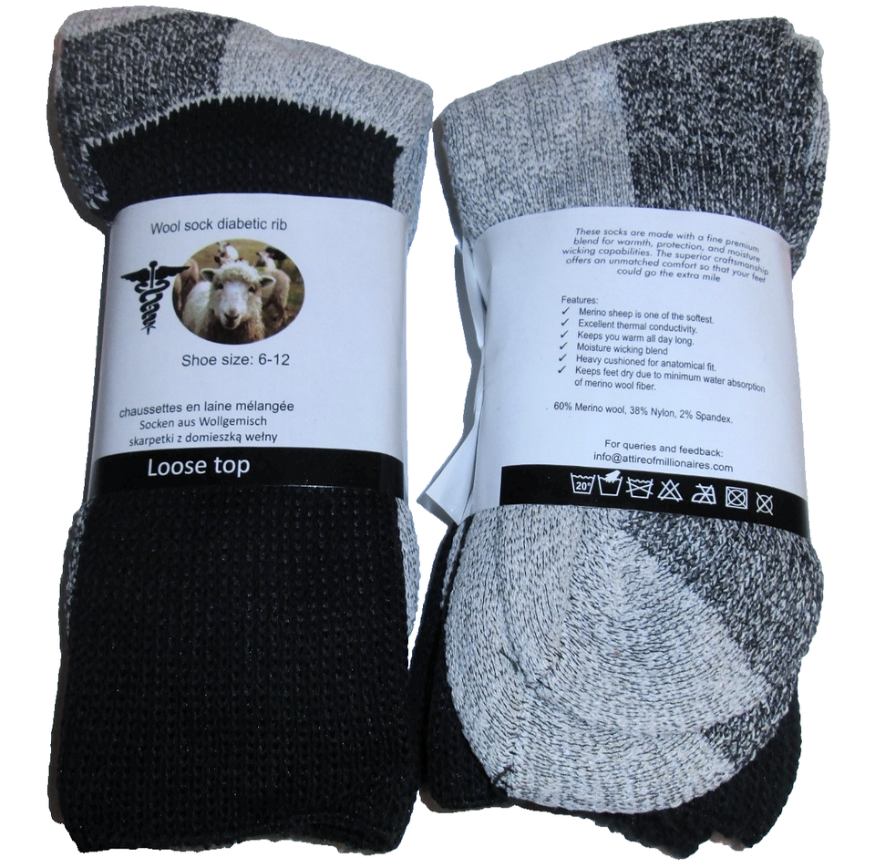 4 Pairs Mens Diabetic Top Stretch Merino Wool Blend Soles Thermal Crew ...