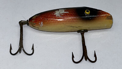 Vintage Wooden Fishing Lure Two Treble Hooks Black Red Tan | eBay