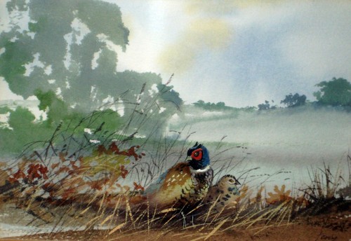 KEITH TOVEY Watercolour Painting of a Brace of Pheasants Nestled in ...