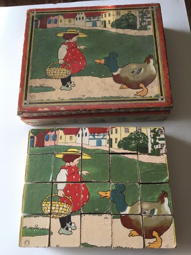 Rare Antique German Wood Block Puzzle w/6 images, children, in color ...