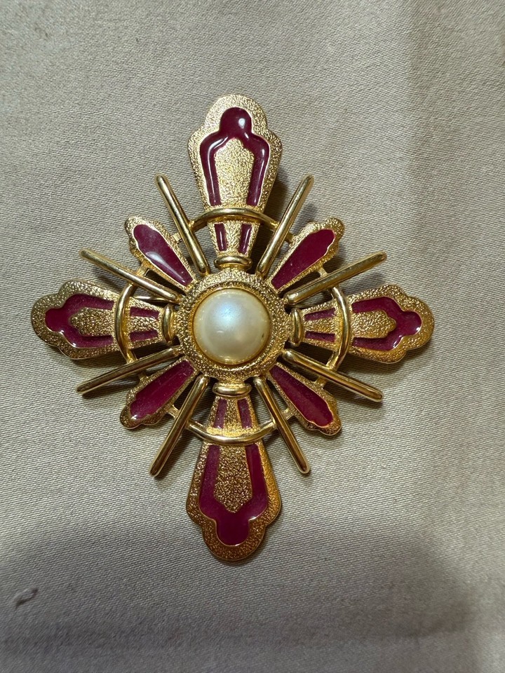 Vintage Monet Maltese Cross Brooch-Marked - Dark Red, Goldtone, Faux ...