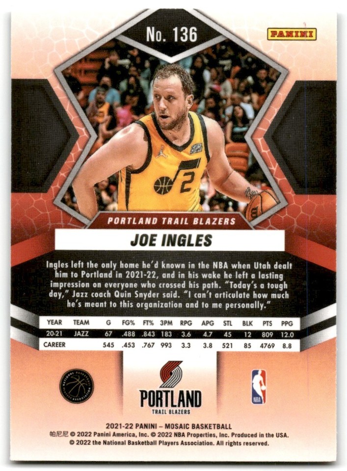 2021-22 Panini Mosaic Joe Ingles Portland Trail Blazers #136 | eBay