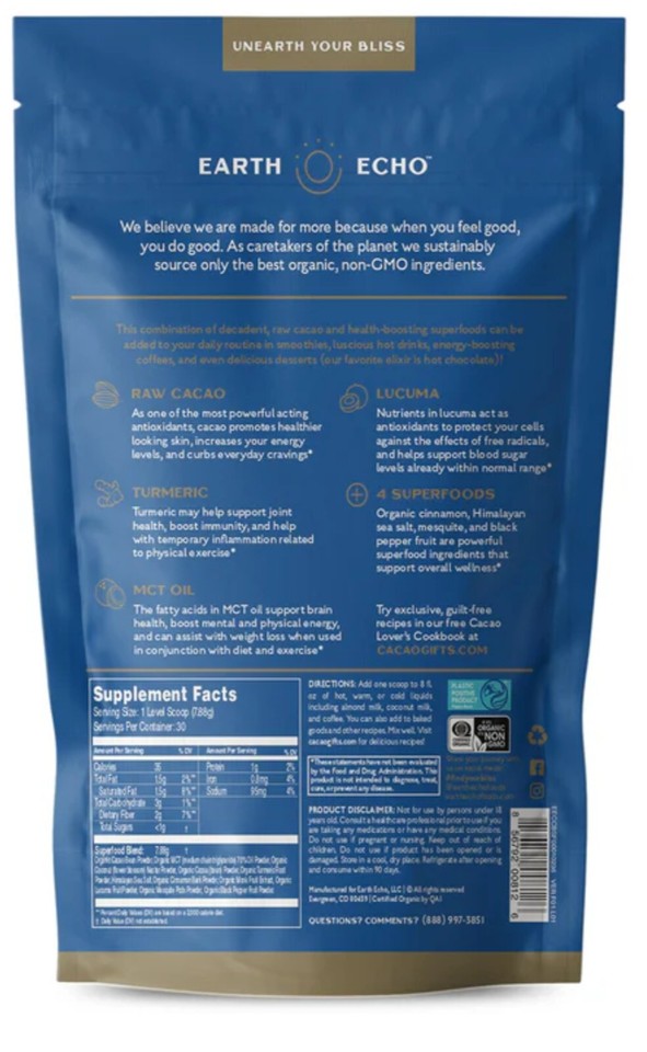 Earth Echo Raw Cacao Bliss Superfood Powder Organic Non GMO Health 30 ...