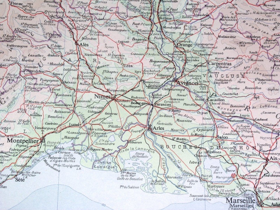 1955 VINTAGE MAP OF SOUTHEASTERN FRANCE LYON MARSEILLE ALPS / SCALE 1: ...
