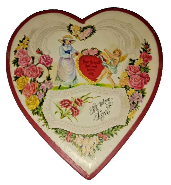 Antique 20s 30s Valentine's Day Heart Chocolate Candy Box Lady Cupid ...
