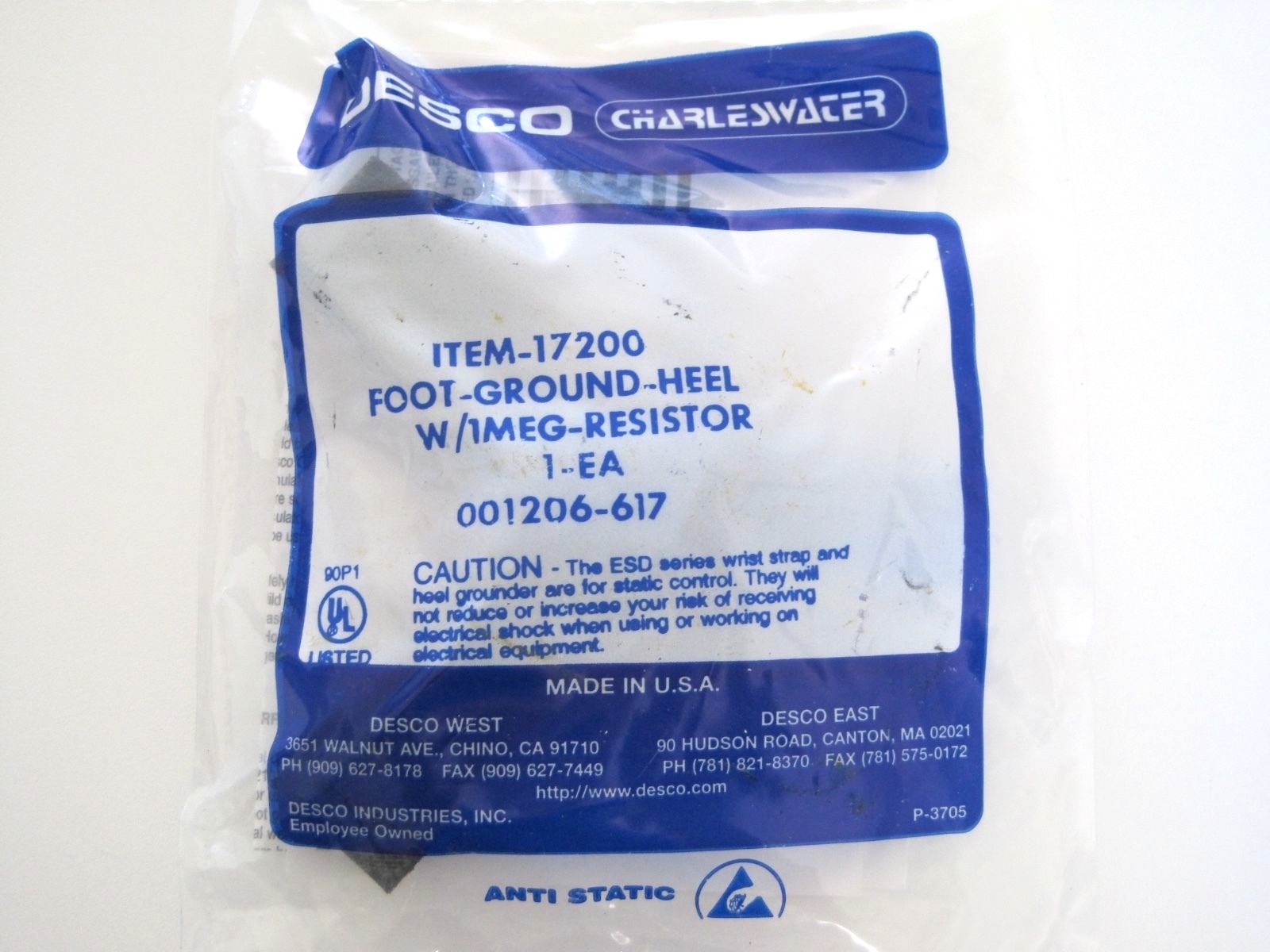 Desco 17200 Foot-Ground-Heel w/ 1 Meg- Resistor Brand New Anti Static ...