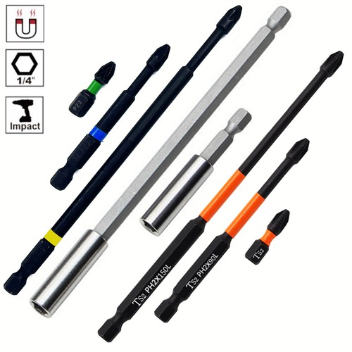 8 pc PZ2 PH2 Impact Driver Screwdriver Bits Set & Long Magnetic Drill ...