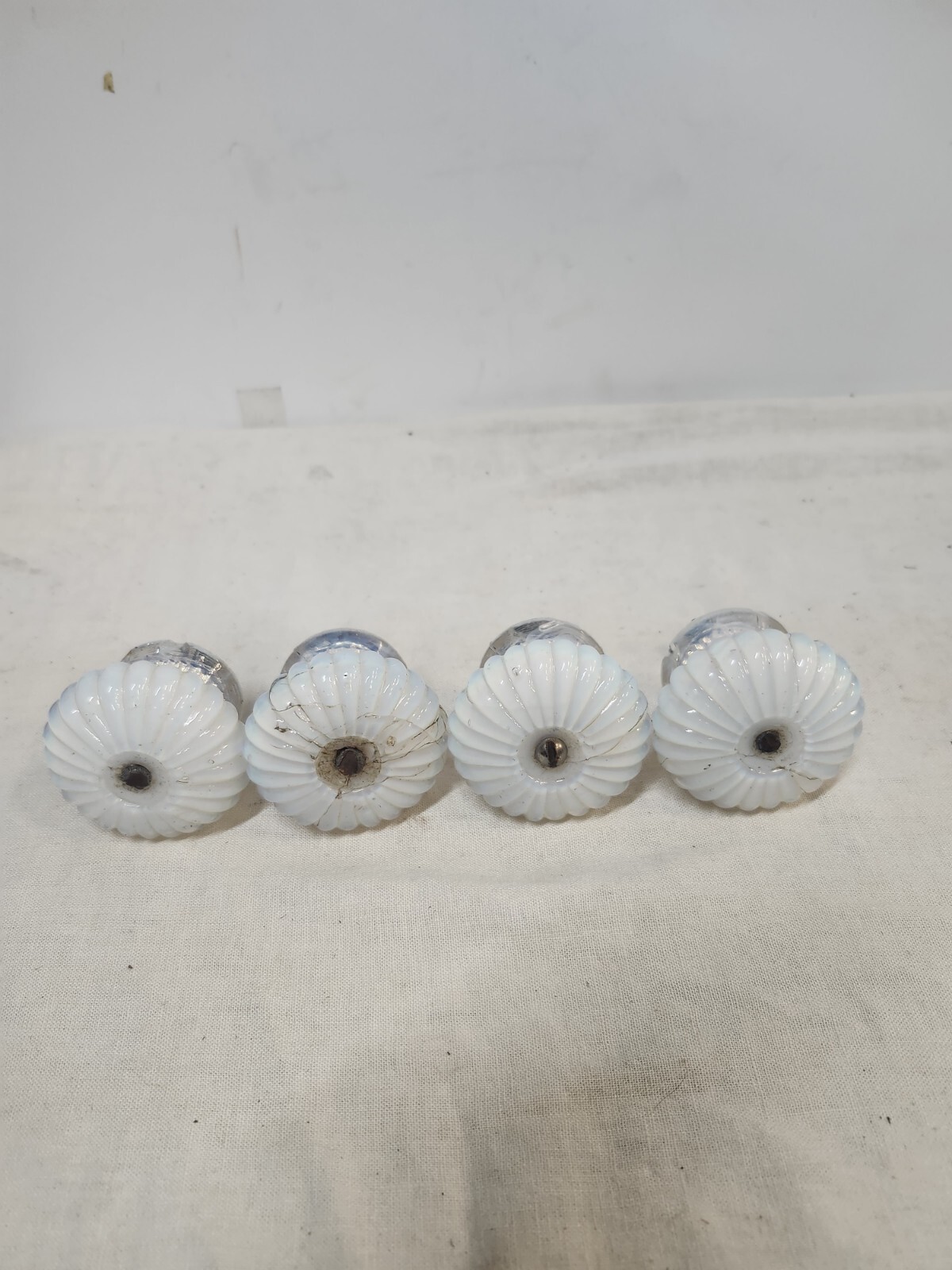 4 Antique White Ribbed Glass Cabinet Door Or Drawer Knobs Sandwich Style | eBay