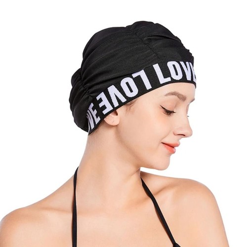Pleated Love Printed Swimming Cap Protect Long Hair Ears Caps Long ...