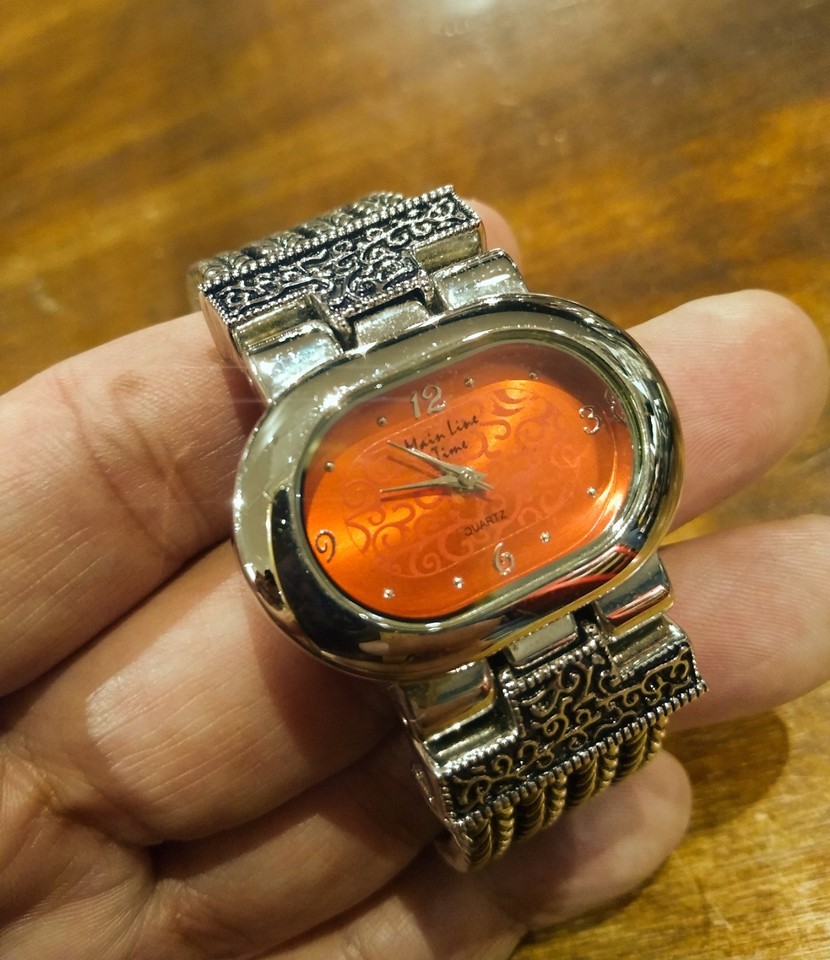 Main Line Time Watch Women 35mm Silver Tone Orange Dial Open Cuff New ...