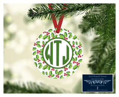 MONOGRAM INITIALS METAL CHRISTMAS THEME HOLLY ORNAMENT PERSONALIZED ...