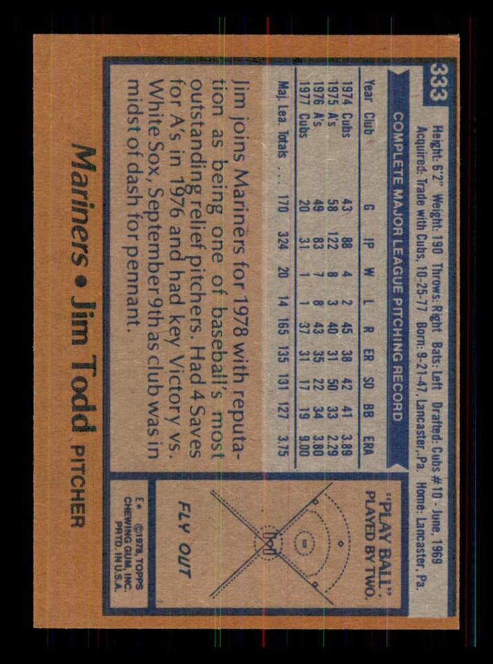 1978 Baseball Topps Jim Todd Seattle Mariners #333 | eBay