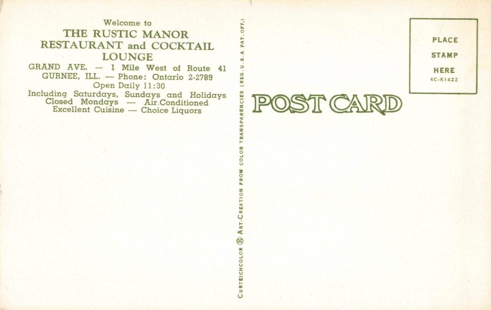 Postcard Rustic Manor Restaurant and Cocktail Lounge Gurnee Illinois | eBay