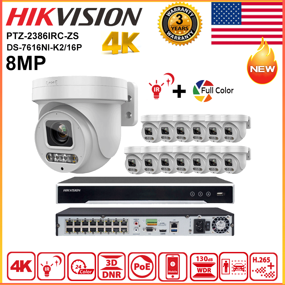 Hik 12MP 16ch PoE CCTV System 4k 8MP PTZ 5X Zoom Full color IP Camera ...