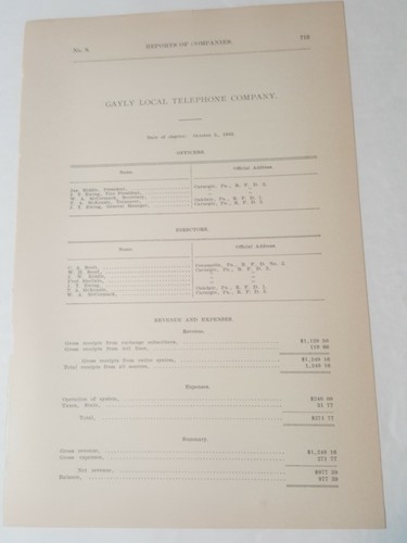 1910 document GAYLY LOCAL TELEPHONE COMPANY old Pittsburgh phone ...