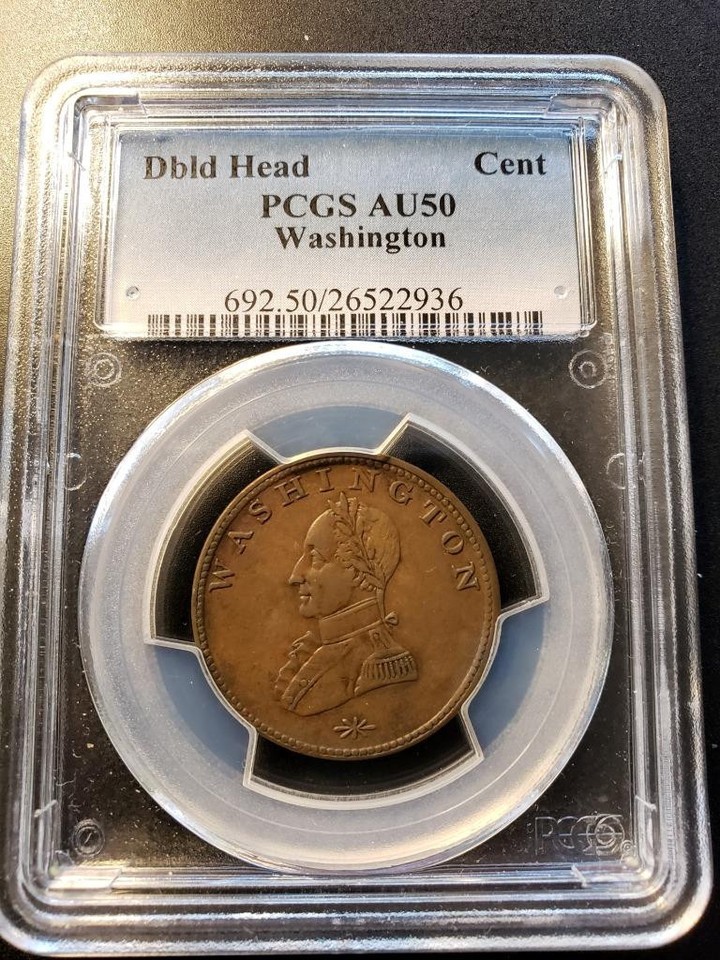 PCGS AU50 undated (c.1820) Washington Double Head Colonial Cent Token ...