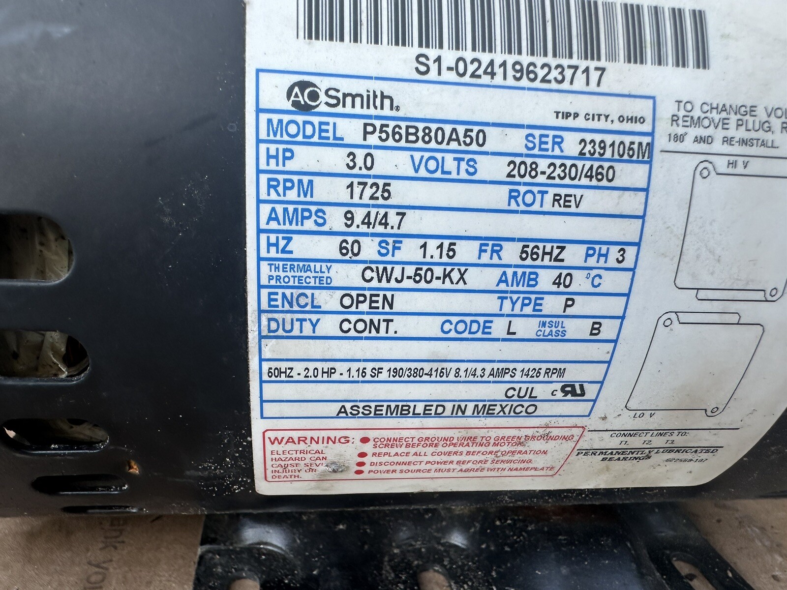 A.o. Smith 3 HP Motor MD P56B80A50 Volts 208-230-460 RPM 1725 Em-144 ...