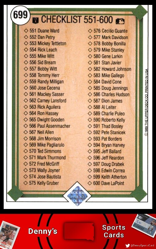 1989 Upper Deck #699 Checklist: 501-600 CL, UER MLB Team Baseball Card ...