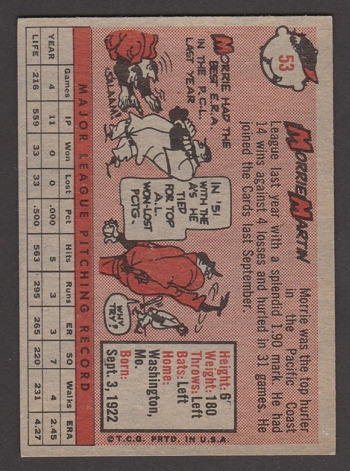 1958 TOPPS BASEBALL # 53 MORRIE MARTIN INV J1783 | eBay