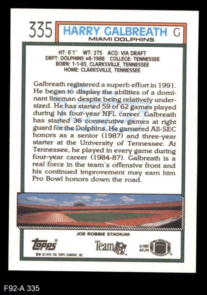 1992 Topps #335 Harry Galbreath Dolphins Tennessee 8 - NM/MT | eBay