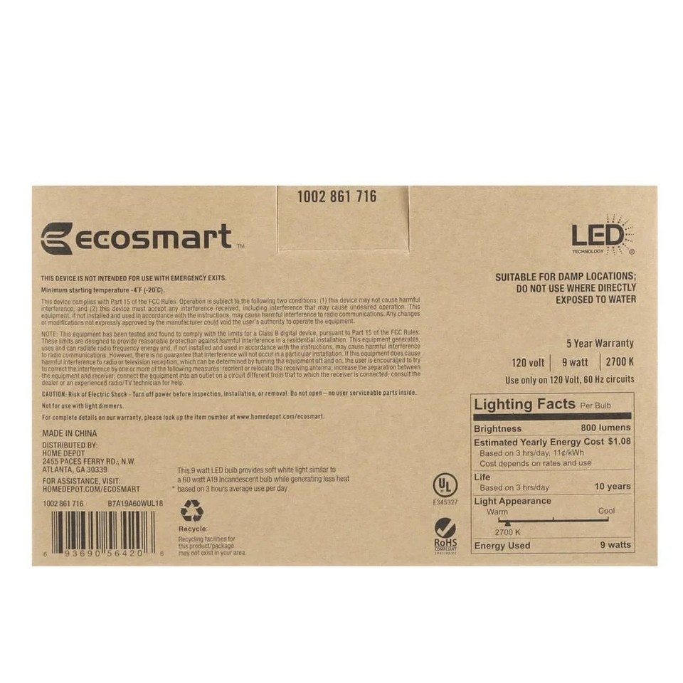 Ecosmart 60w A19 bulbs - Soft White - 8 pack - (lot of 2) - 16 bulbs ...