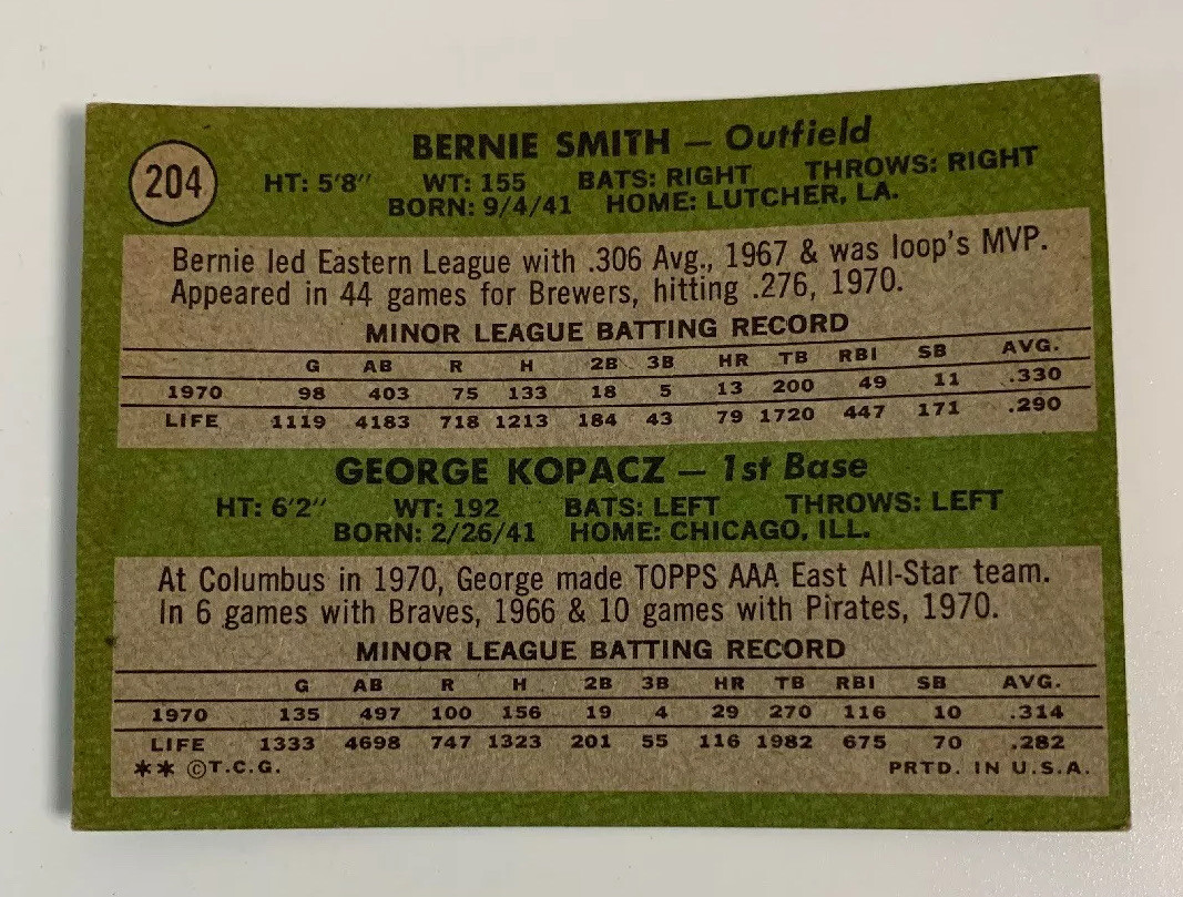 1971 Bernie Smith # 204 Rookie Stars RC Milwaukee Brewers Topps ...