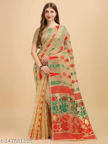 Indian Women Cotton Linen Dhakai Jamdani Saree Without Blouse Festive ...