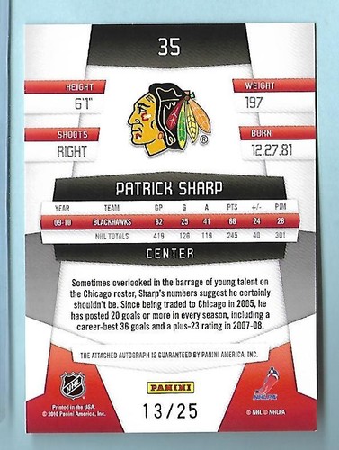 PATRICK SHARP 10-11 CERTIFIED MIRROR GOLD AUTOGRAPH #35 13/25 AUTO RARE ...