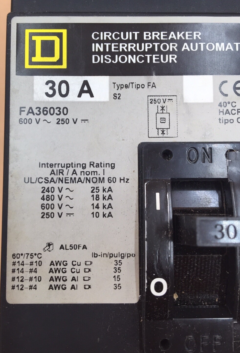 Square D FA36030 30A 600V Molded Case Circuit Breaker for sale online ...