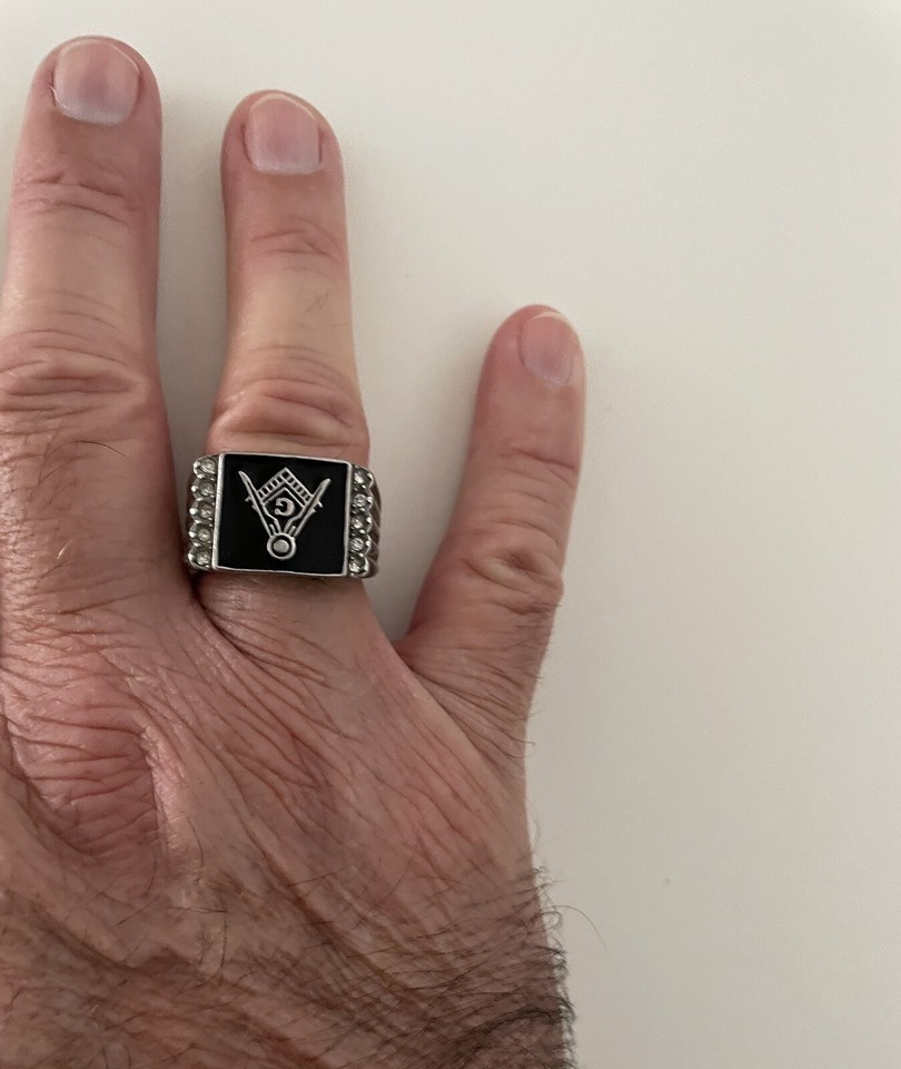Stainless Steel Mason Master Masonic Lodge Crystal Men's Black Ring ...