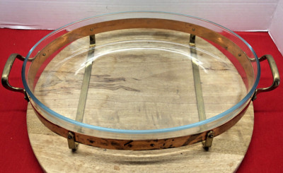 Pyrex Baking Dish Nilsjohan Sweden Oval Glass Copper & Brass Stand ...