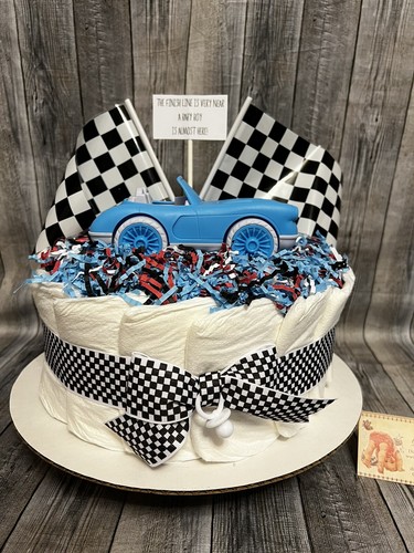 Racing Car Baby Diaper Cake Retro Finish Line Shower Gift Centerpiece ...