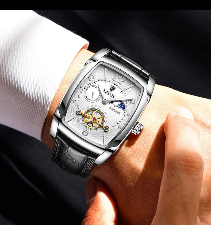 LIGE Watch Men Mechanical Automatic Wristwatch Male Leather Rectangle ...