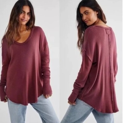 New Free People Colby Raw Edge Long Sleeve Cotton Burgundy Top Size XS ...