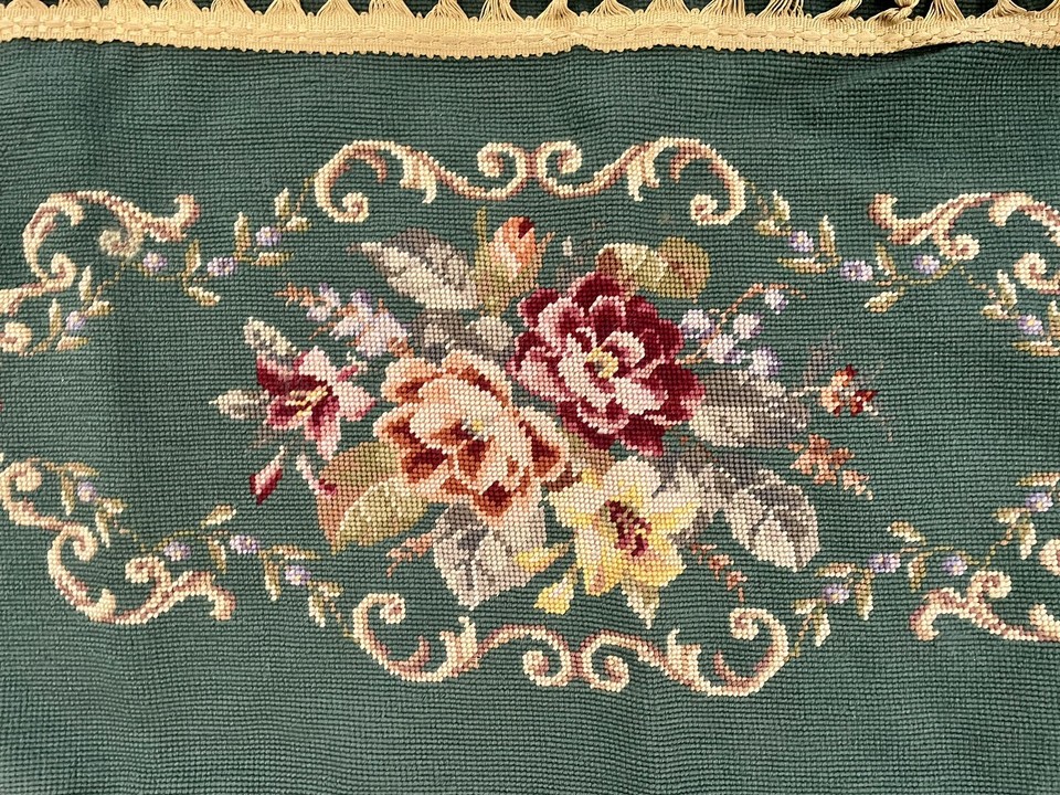 Antique Piano Bench Needlepoint Green Gold Tassels Pink Roses Floral | eBay
