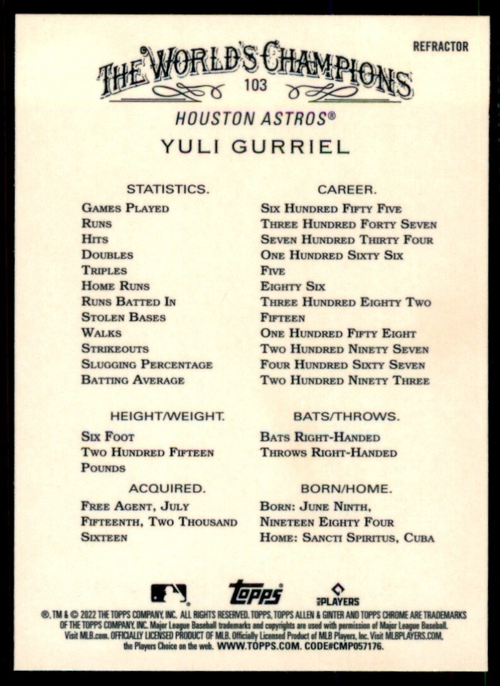 Yuli Gurriel 2022 Topps Allen & Ginter Chrome Refractor Card SP #103 ...