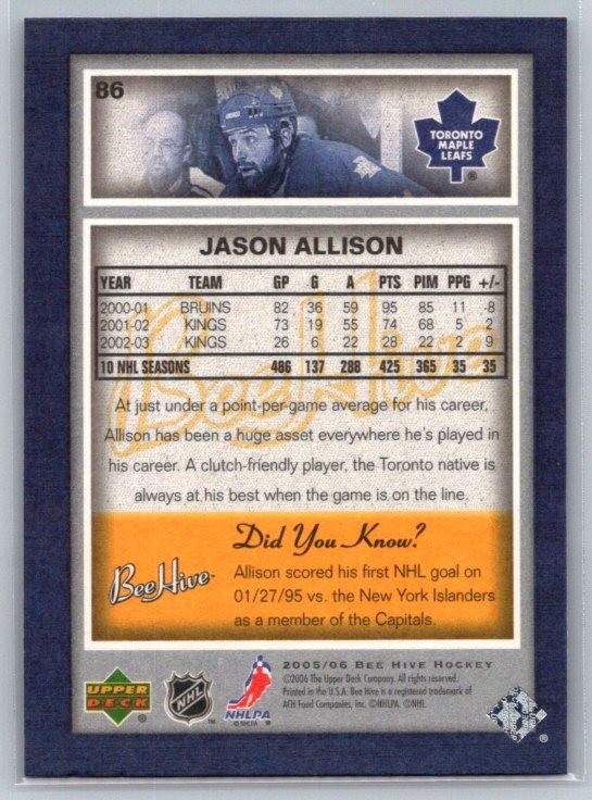 2005-06 Upper Deck Bee Hive #86 Jason Allison Toronto Maple Leafs | eBay
