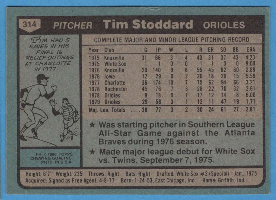 1980 Topps Tim Stoddard #314 Rookie Baltimore Orioles | eBay