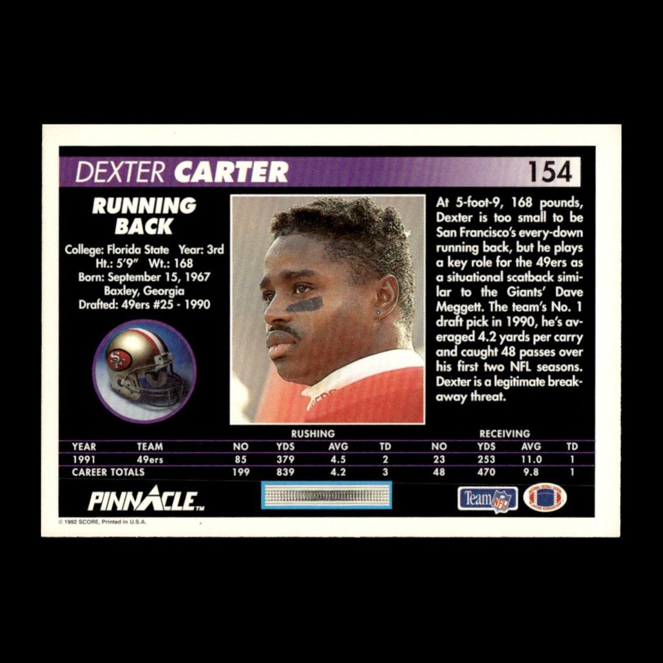 Dexter Carter 1992 Pinnacle San Francisco 49ers #154 R329B 74 | eBay