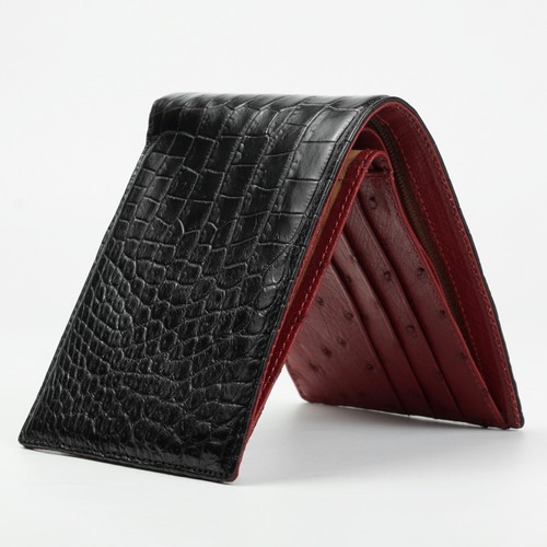 Black + Red Genuine DOUBLE SIDE Crocodile Ostrich Skin Leather Bifold ...