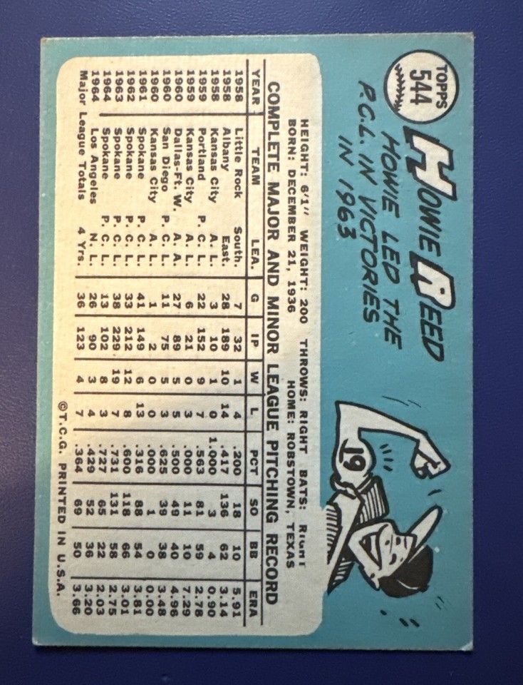 1965 TOPPS HIGH# 544 HOWIE REED LOS ANGELES DODGERS PITCHERS *FREE ...