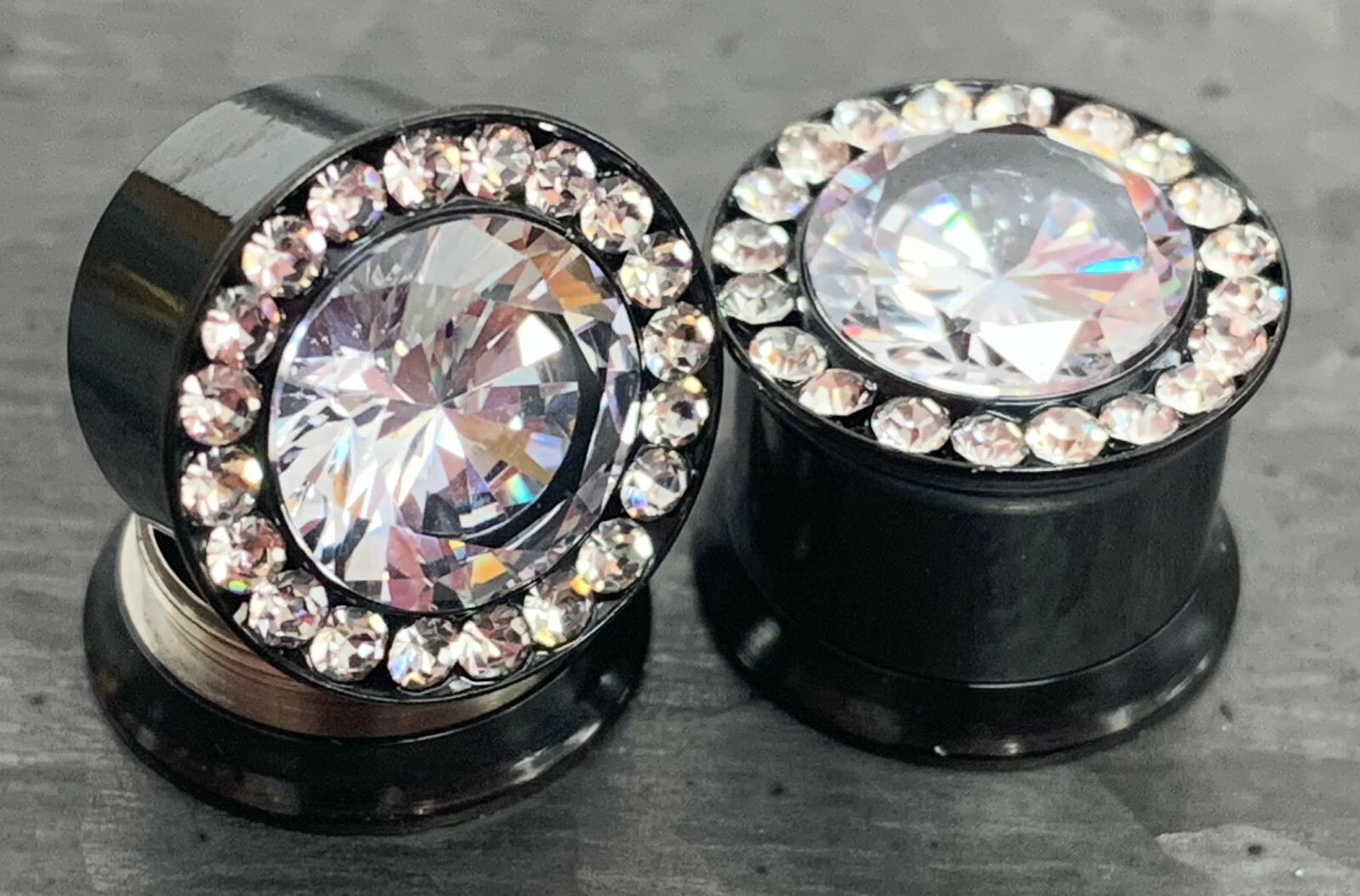 PAIR Large Gem w/Gem Rim Bling Internally Threaded Double Flare Tunnels ...