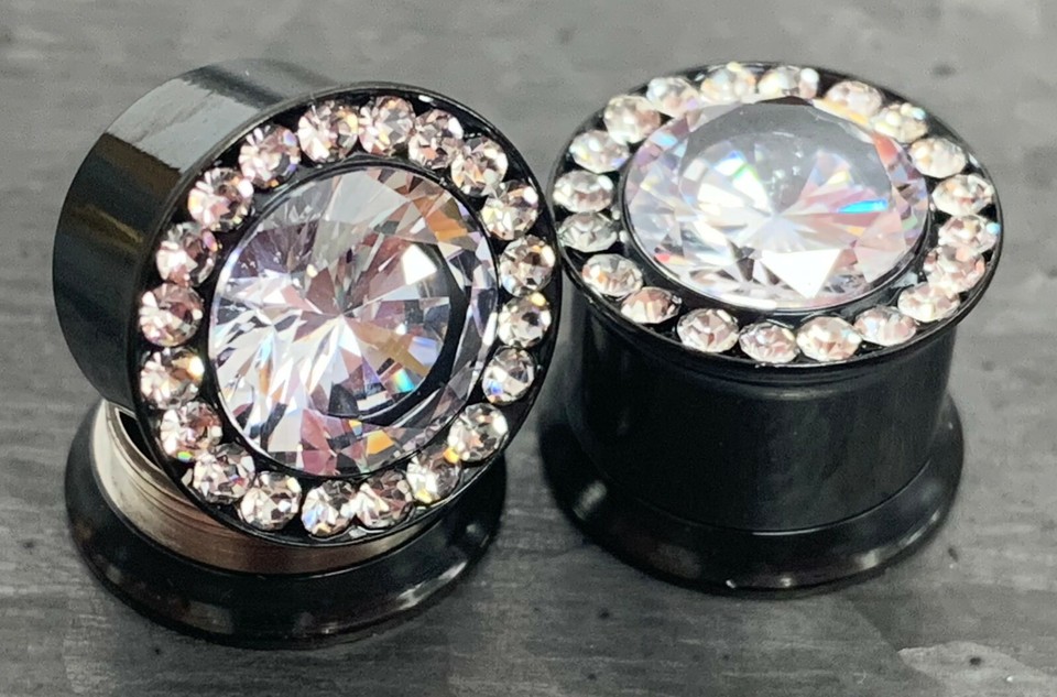 PAIR Large Gem w/Gem Rim Bling Internally Threaded Double Flare Tunnels ...