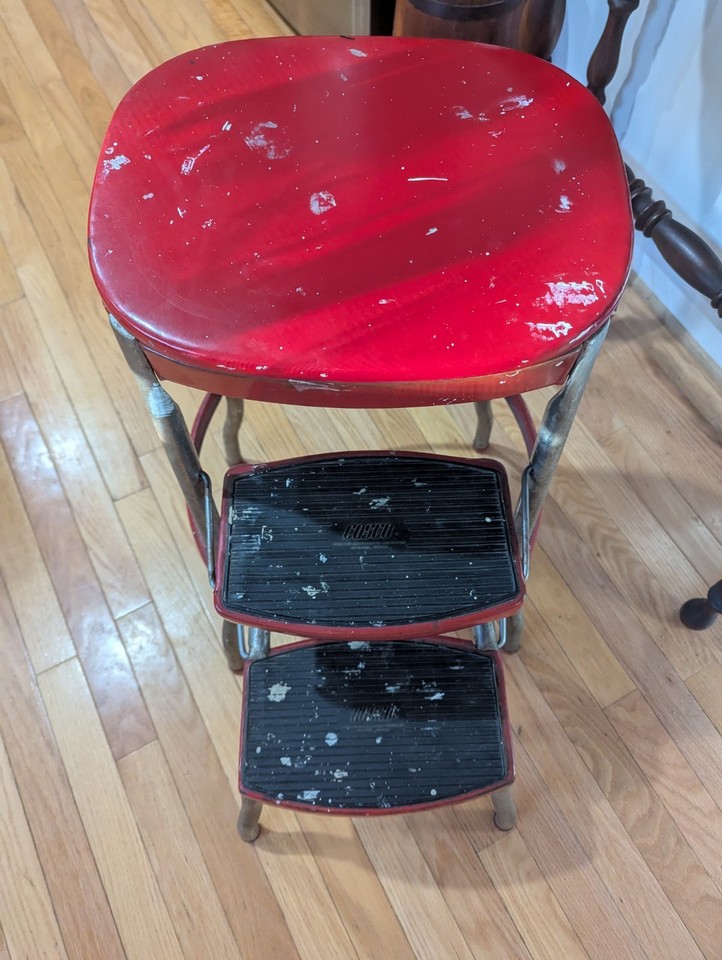 Cosco Vintage Step Stool Ladder Seat fold out Steps Patina Red | eBay