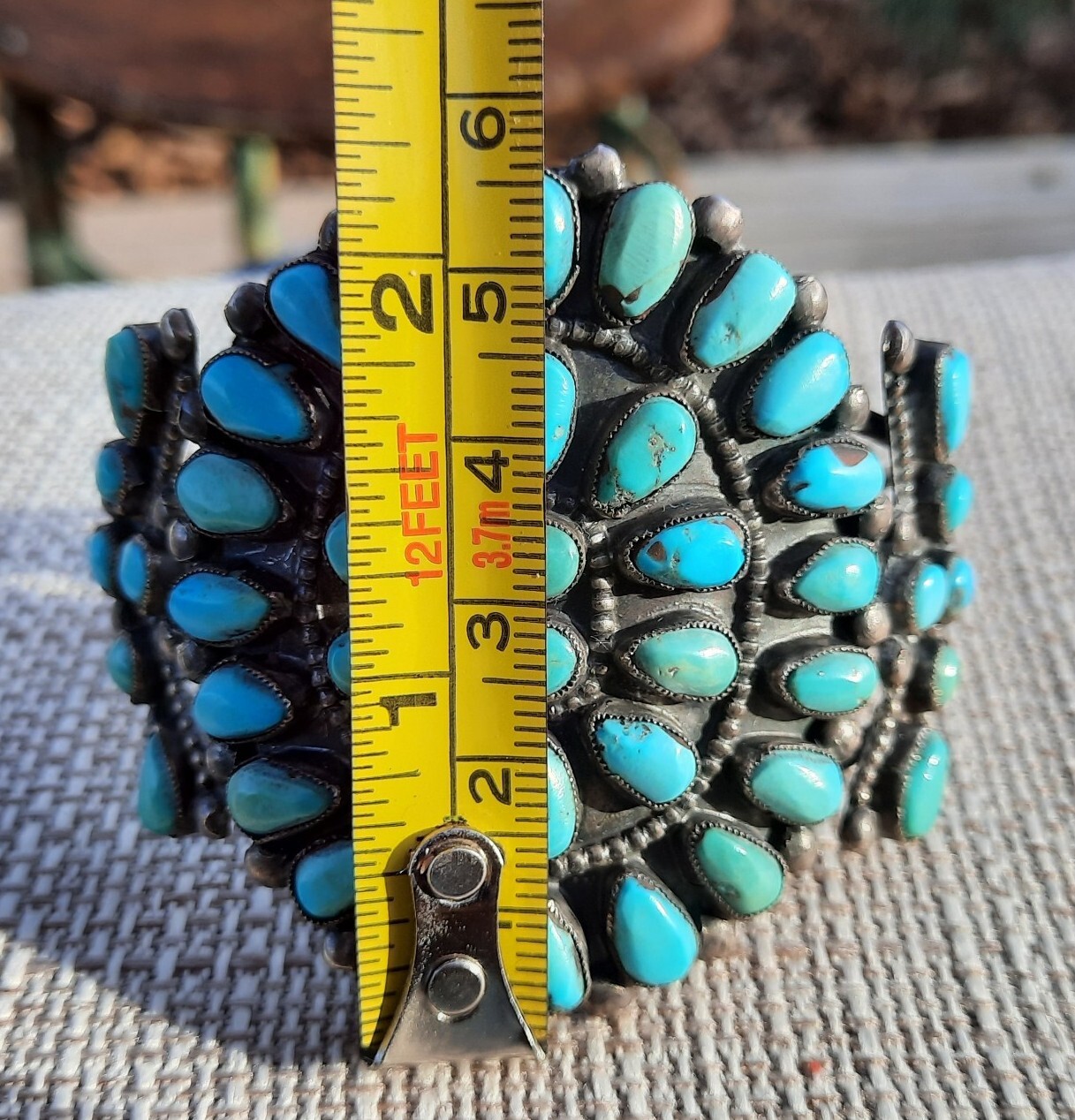 Old Pawn Sterling Silver Carved Turquoise Cluster Cuff Bracelet Big Vtg ...